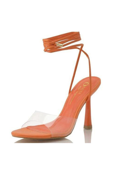 Celine Strap Up Stiletto Clear Heels | Orange | Sole Valley