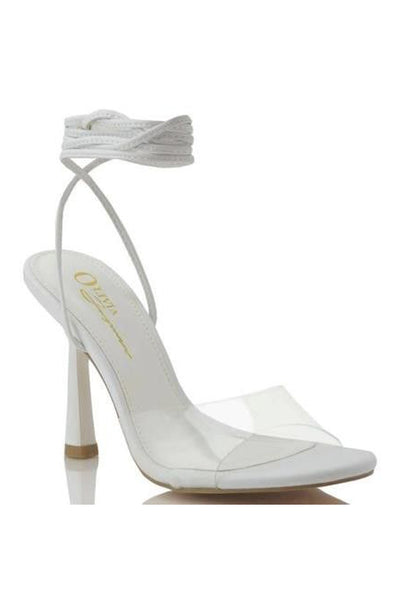 Celine Strap Up Stiletto Clear Heels | White | Sole Valley
