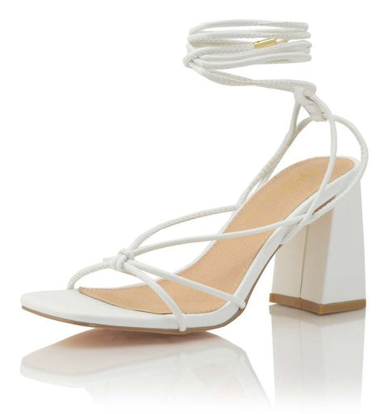 Shady Girl Strap Up Block Heels | White | Sole Valley